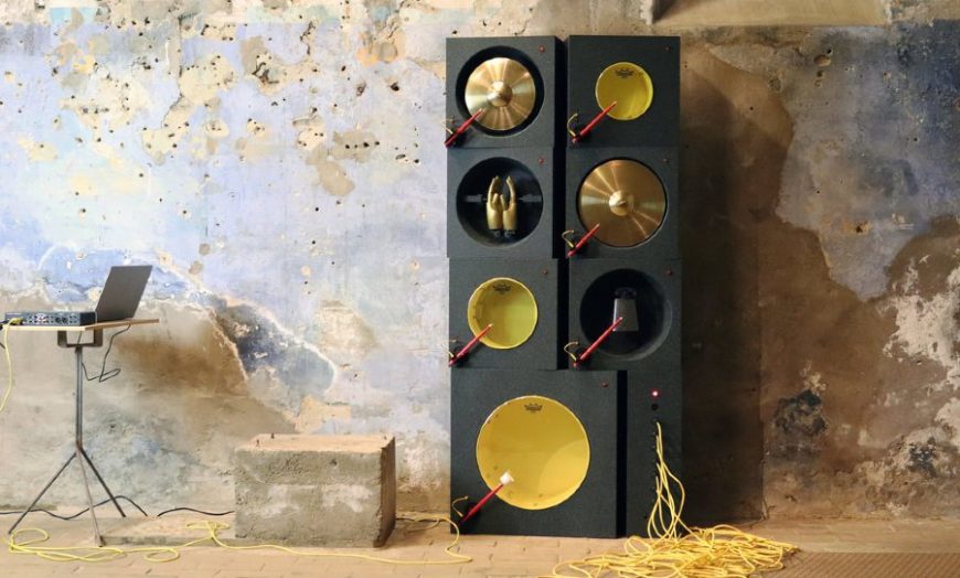 The Slagwerk-101 is a sculpture that brings classic drum machines to life