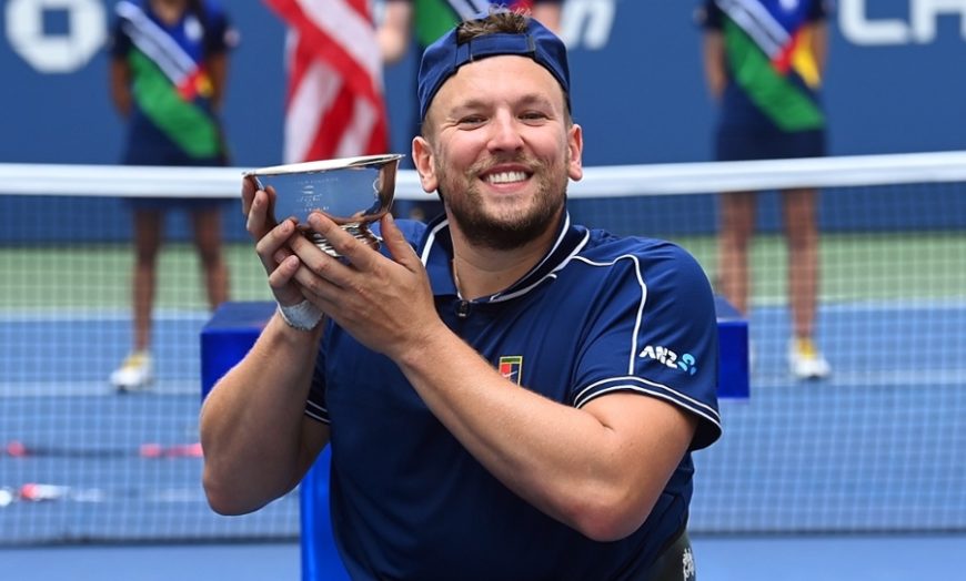 Dylan Alcott skulls a beer to celebrate his Golden Slam at the US Open