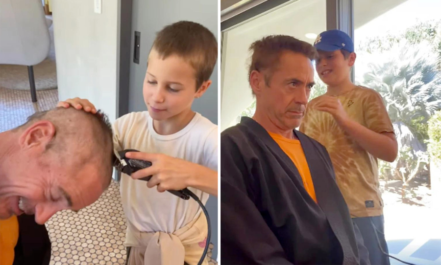 Robert Downey Jr lets his kids shave his head for a new project